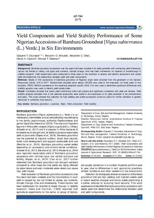 (PDF) Yield Components and Yield Stability Performance of Some Nigerian Accessions of Bambara ...