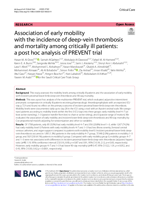 (PDF) Association of early mobility with the incidence of deep-vein ...