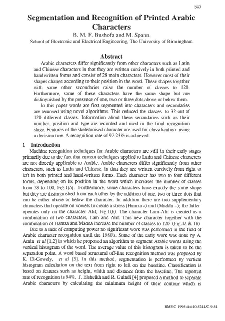 Pdf Segmentation And Recognition Of Printed Arabic Characters