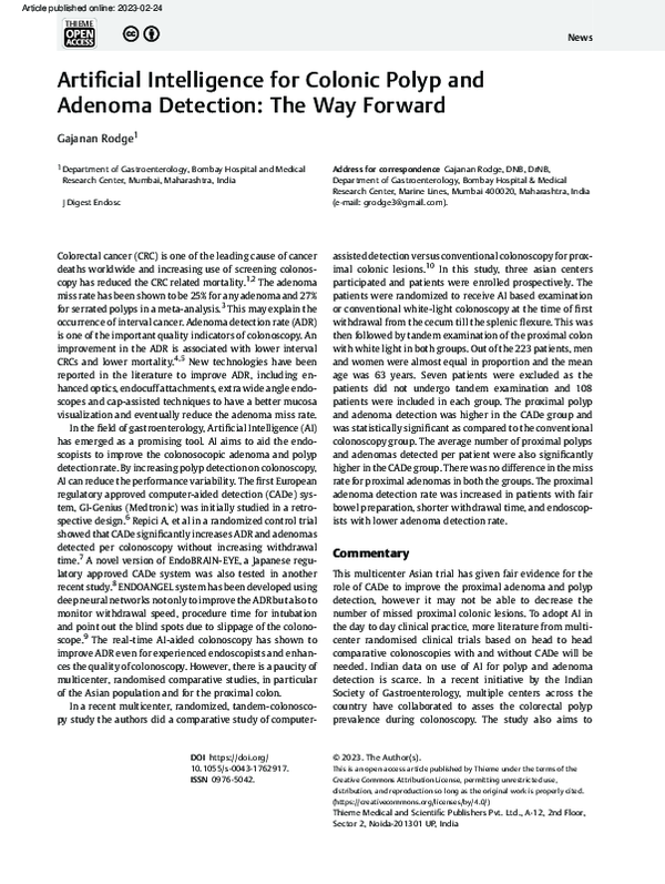 (PDF) Artificial Intelligence for Colonic Polyp and Adenoma Detection: The Way Forward