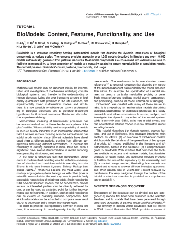 (PDF) BioModels: Content, Features, Functionality, and Use