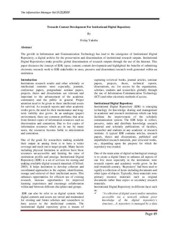 (PDF) Towards Content Development For Institutional Digital Repository