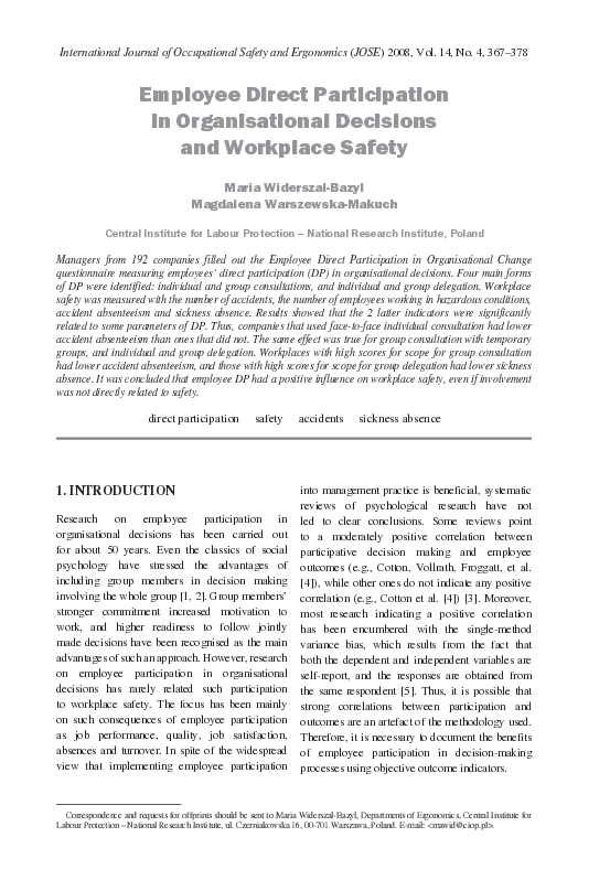 (PDF) Employee Direct Participation in Organisational Decisions and ...
