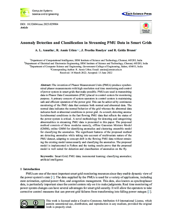 (PDF) Anomaly Detection and Classification in Streaming PMU Data in Smart Grids