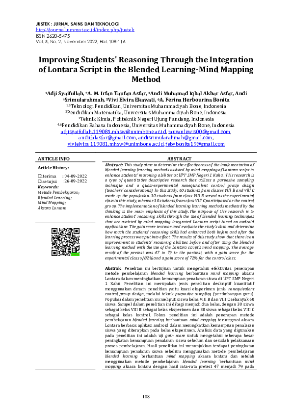 (PDF) Improving Students' Reasoning Through the Integration of Lontara Script in the Blended ...