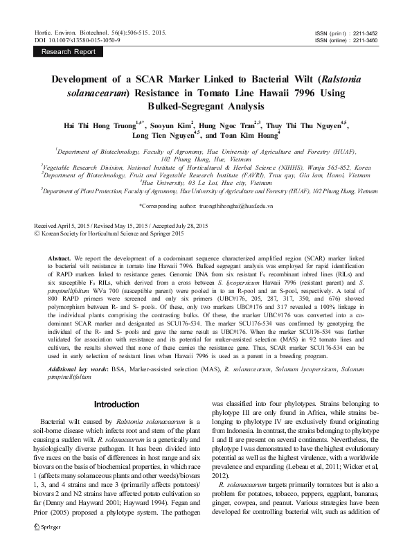 (PDF) Development of a SCAR marker linked to bacterial wilt (Ralstonia ...
