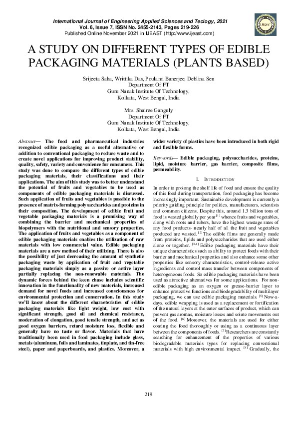 (PDF) A Study on Different Types of Edible Packaging Materials (Plants ...