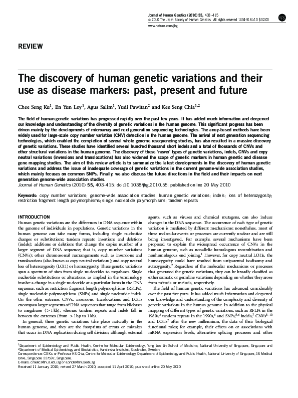 (PDF) The discovery of human genetic variations and their use as disease markers: past, present ...