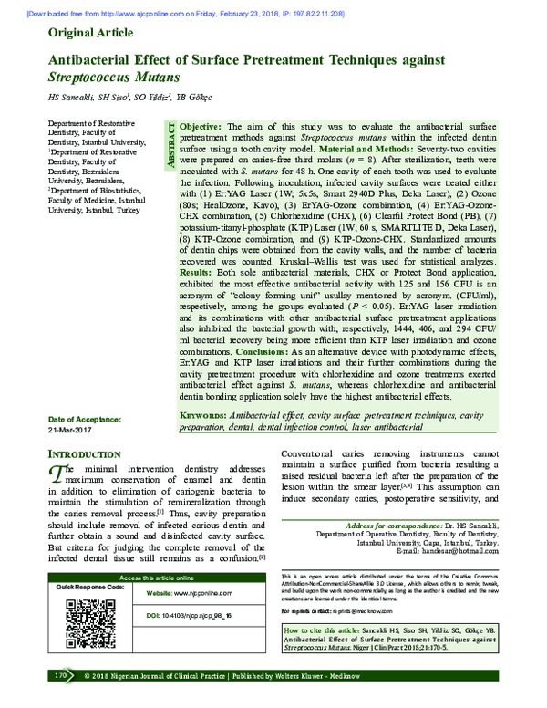 (PDF) Antibacterial Effect of Surface Pretreatment Techniques against Streptococcus Mutans
