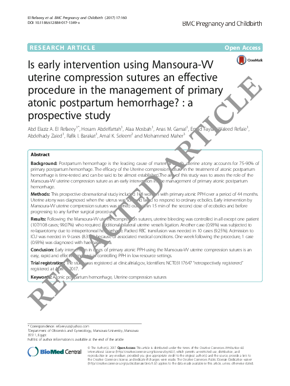 (PDF) Is early intervention using Mansoura-VV uterine compression ...