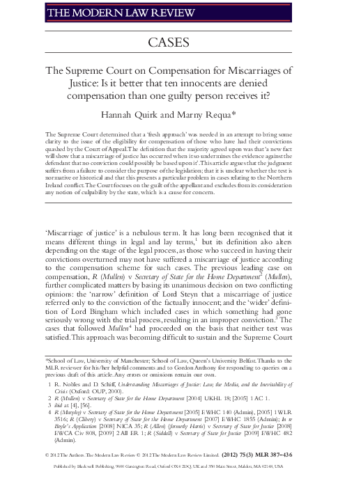(PDF) The Supreme Court on Compensation for Miscarriages of Justice: Is ...