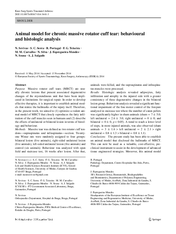 (PDF) Animal model for chronic massive rotator cuff tear: behavioural ...