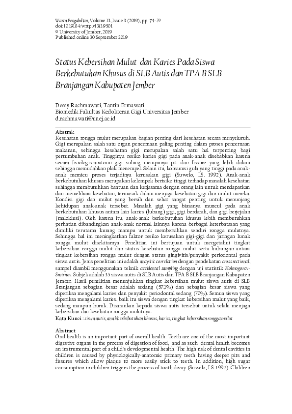 (PDF) Status Kebersihan Mulut dan Karies Pada Siswa Berkebutuhan Khusus ...