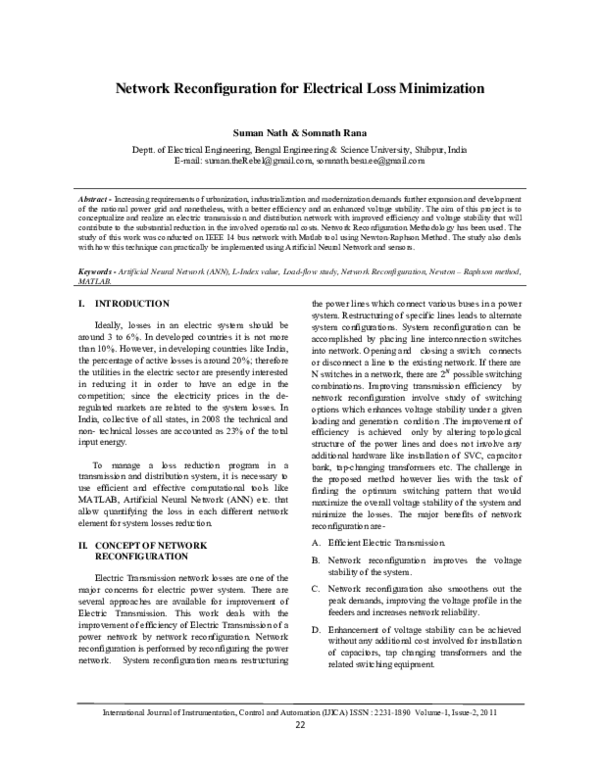 Pdf Network Reconfiguration For Electrical Loss Minimization