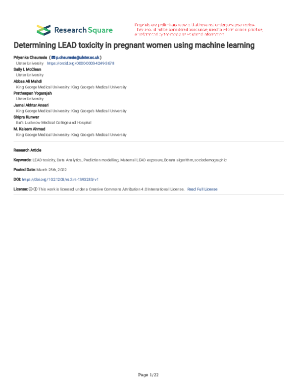 (PDF) Determining LEAD toxicity in pregnant women using machine learning