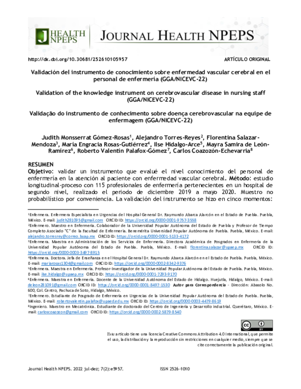 (PDF) Validación del instrumento de conocimiento sobre enfermedad vascular cerebral en el ...
