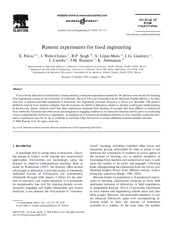Pdf Remote Experiments For Food Engineering
