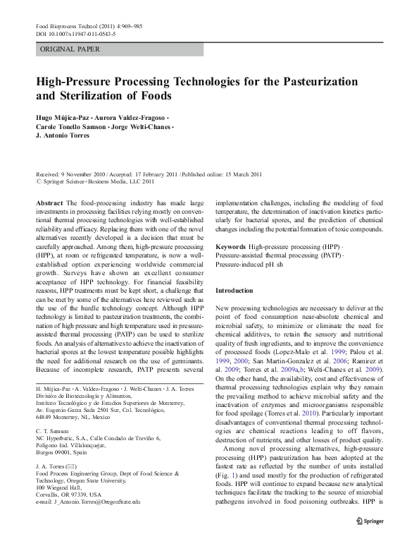 (PDF) High-Pressure Processing Technologies for the Pasteurization and Sterilization of Foods