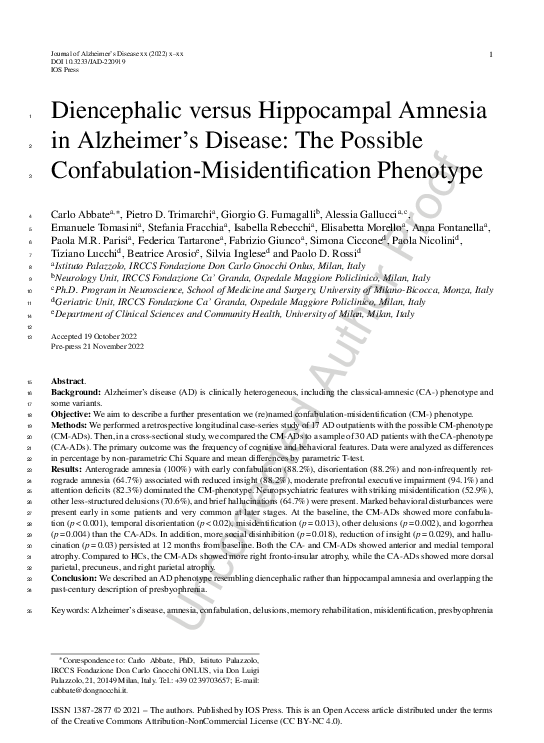 (PDF) Diencephalic versus Hippocampal Amnesia in Alzheimer’s Disease ...