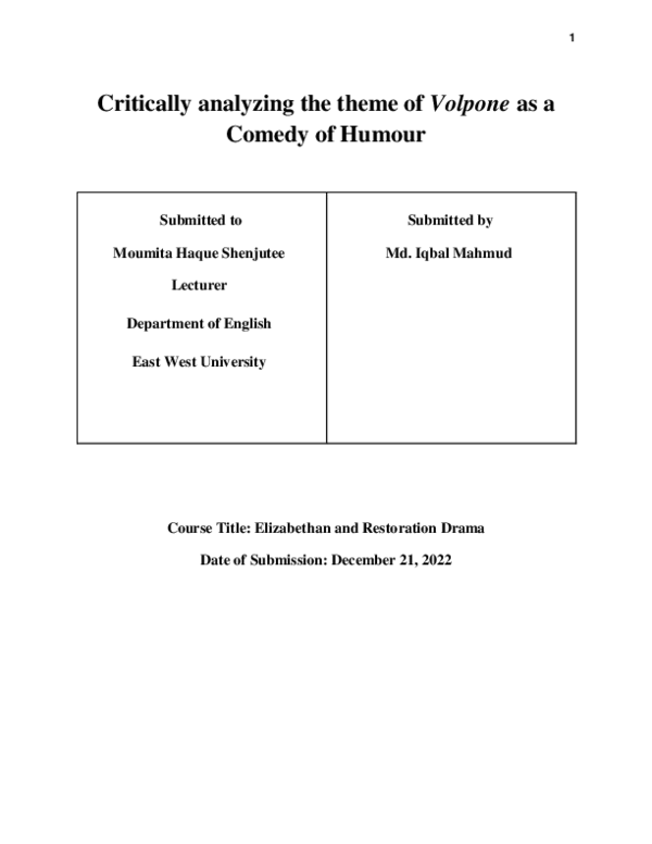 (PDF) Critically analyzing the theme of Volpone as a Comedy of Humour