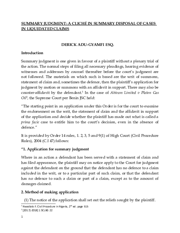 (DOC) SUMMARY JUDGMENT: A CLICHÉ IN SUMMARY DISPOSAL OF CASES IN ...