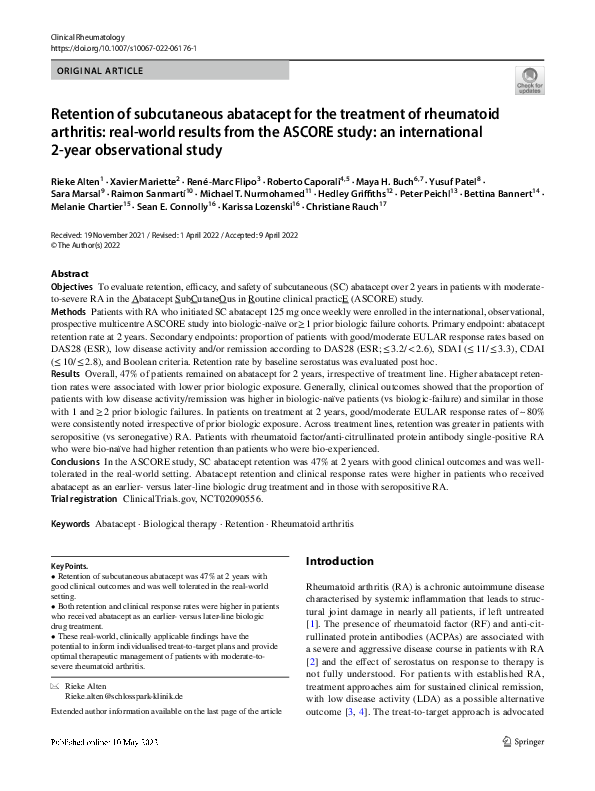 (PDF) Retention of subcutaneous abatacept for the treatment of rheumatoid arthritis: real-world ...