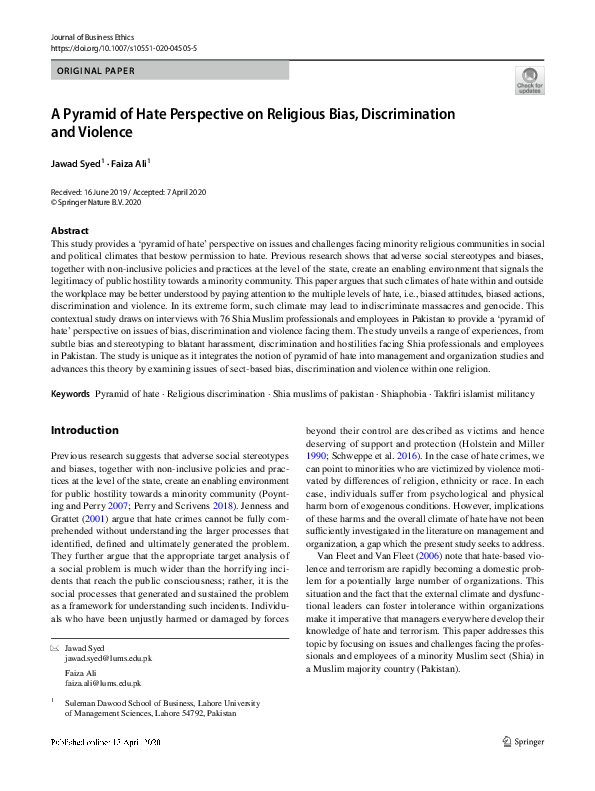 (PDF) A Pyramid of Hate Perspective on Religious Bias, Discrimination and Violence