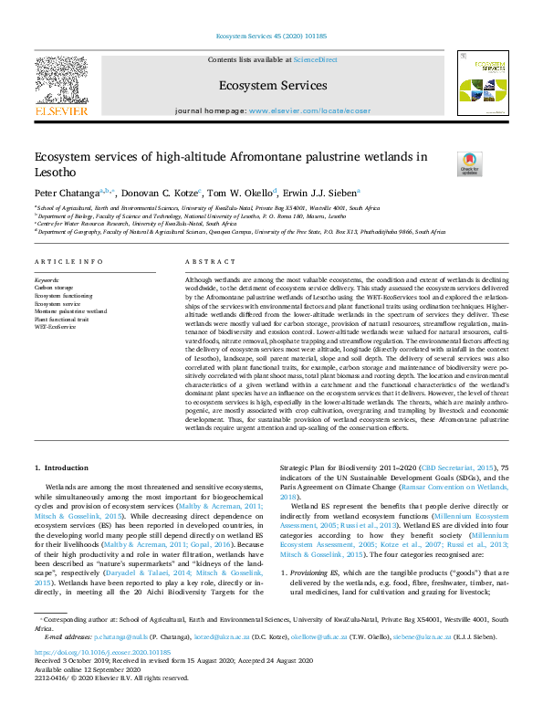 (PDF) Ecosystem services of high-altitude Afromontane palustrine ...