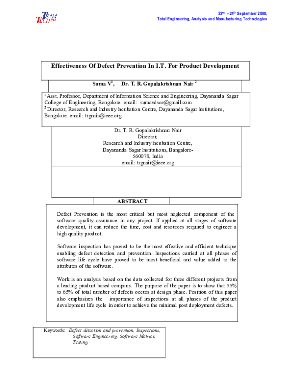 (PDF) Effectiveness Of Defect Prevention In IT For Product Development