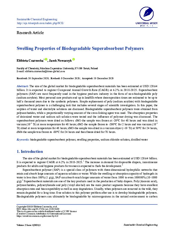 (PDF) Swelling Properties of Biodegradable Superabsorbent Polymers