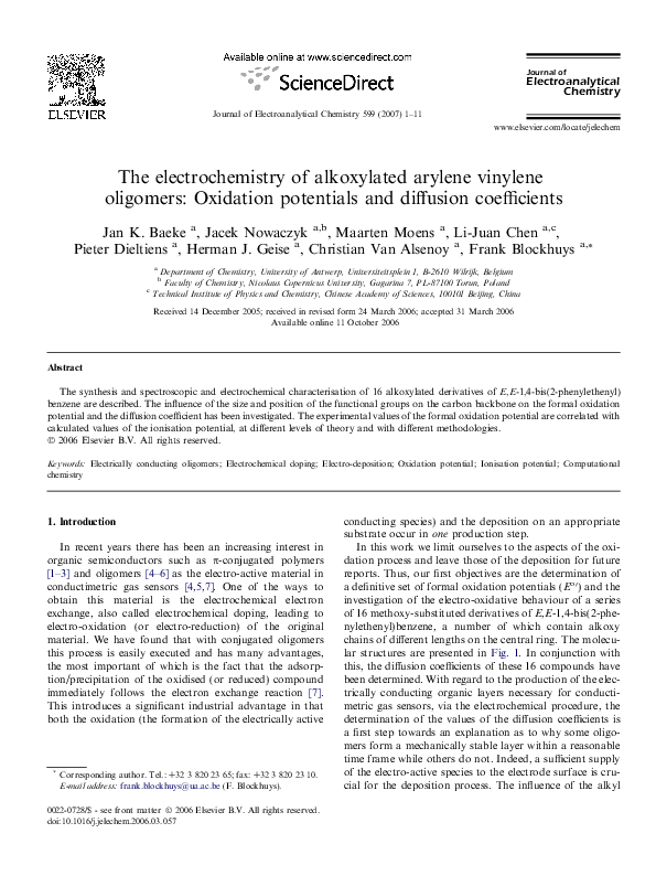 (PDF) The electrochemistry of alkoxylated arylene vinylene oligomers ...