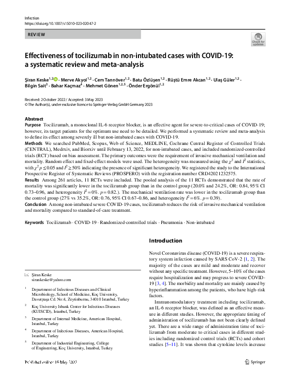 (PDF) Effectiveness of tocilizumab in non-intubated cases with COVID-19: a systematic review and ...