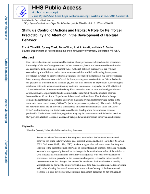 (PDF) Stimulus control of actions and habits: A role for reinforcer ...