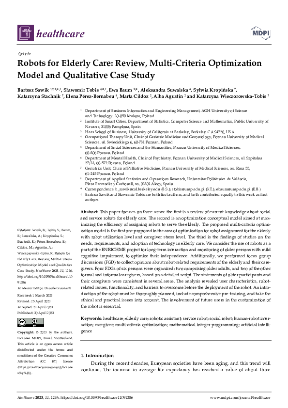 (PDF) Robots for Elderly Care: Review, Multi-Criteria Optimization Model and Qualitative Case Study