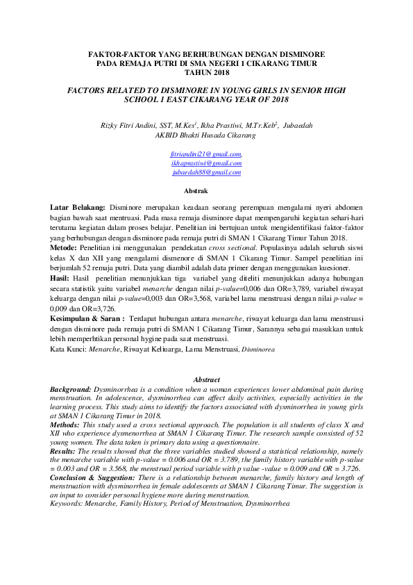 (PDF) Faktor-Faktor Yang Berhubungan Dengan Disminore Pada Remaja Putri Di SMA Negeri 1 Cikarang ...