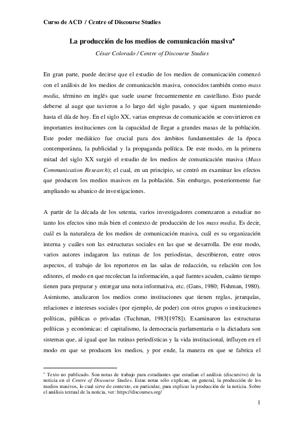 (PDF) La producción de los medios de comunicación masiva