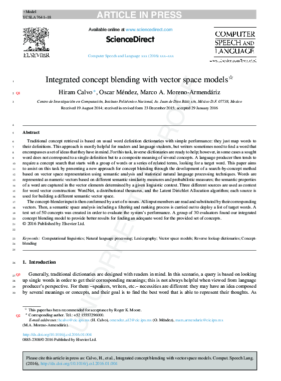 (PDF) Integrated concept blending with vector space models | Oscar Méndez - Academia.edu