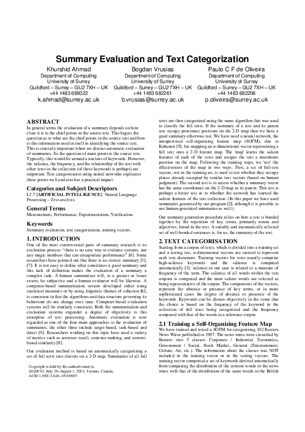 (PDF) Summary evaluation and text categorization | Paulo Henrique Vieira Oliveira - Academia.edu