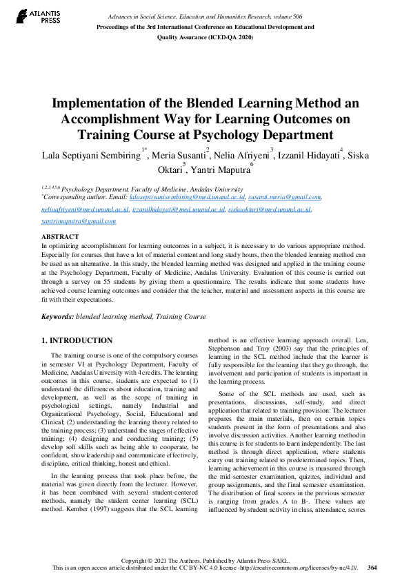 (PDF) Implementation of the Blended Learning Method an Accomplishment Way for Learning Outcomes ...