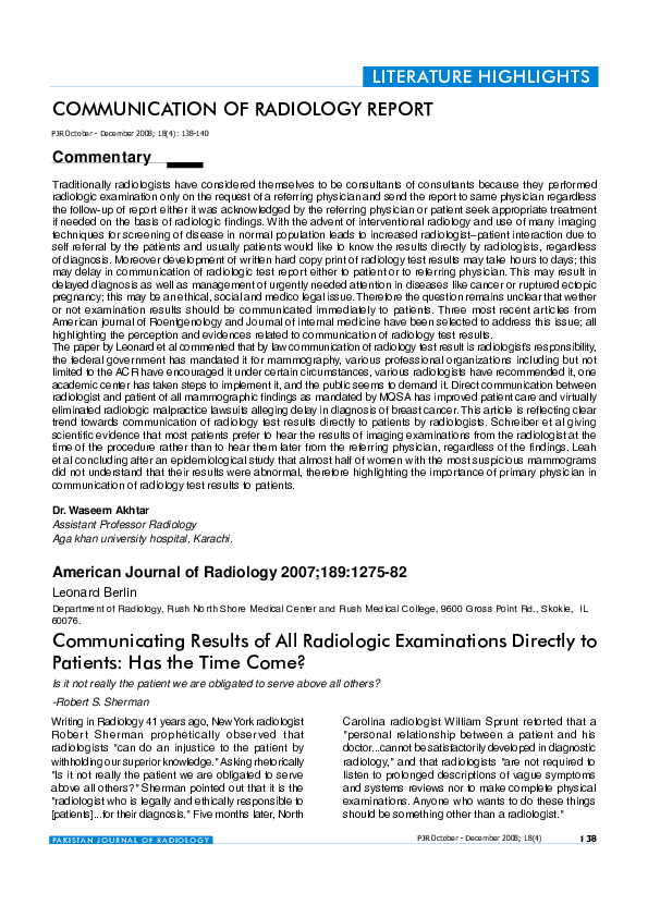 (PDF) Communication of Radiology report