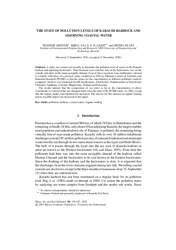 (PDF) The state of pollution levels of Karachi harbour and adjoining ...