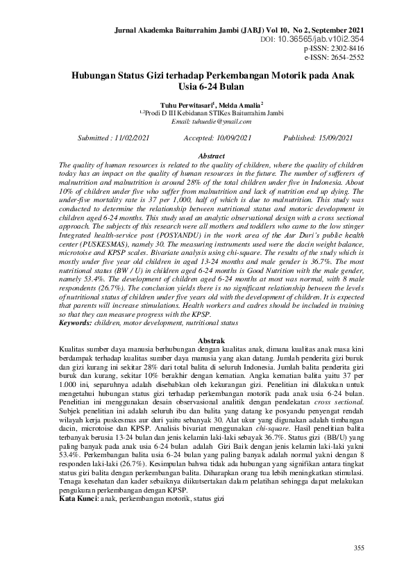 (PDF) Hubungan Status Gizi terhadap Perkembangan Motorik pada Anak Usia ...