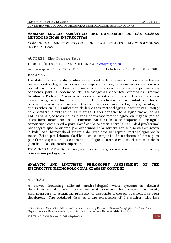 (PDF) Análisis Lógico Semántico Del Contenido De Las Clases Metodológicas Instructivas