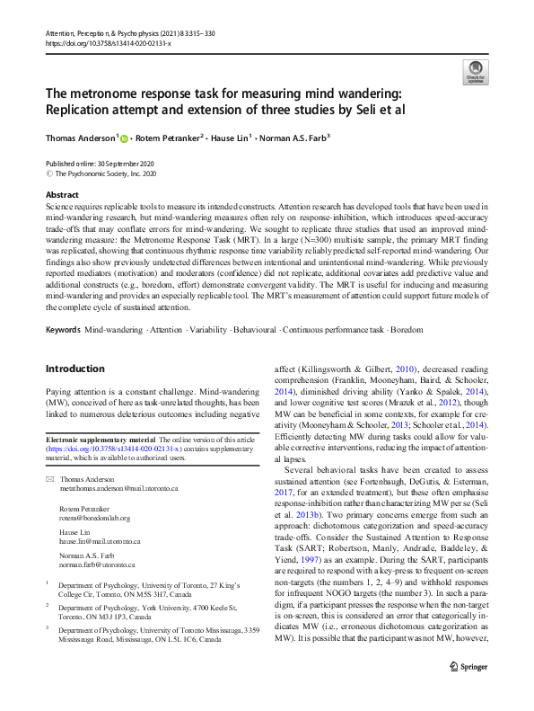 (PDF) The metronome response task for measuring mind wandering: Replication attempt and ...