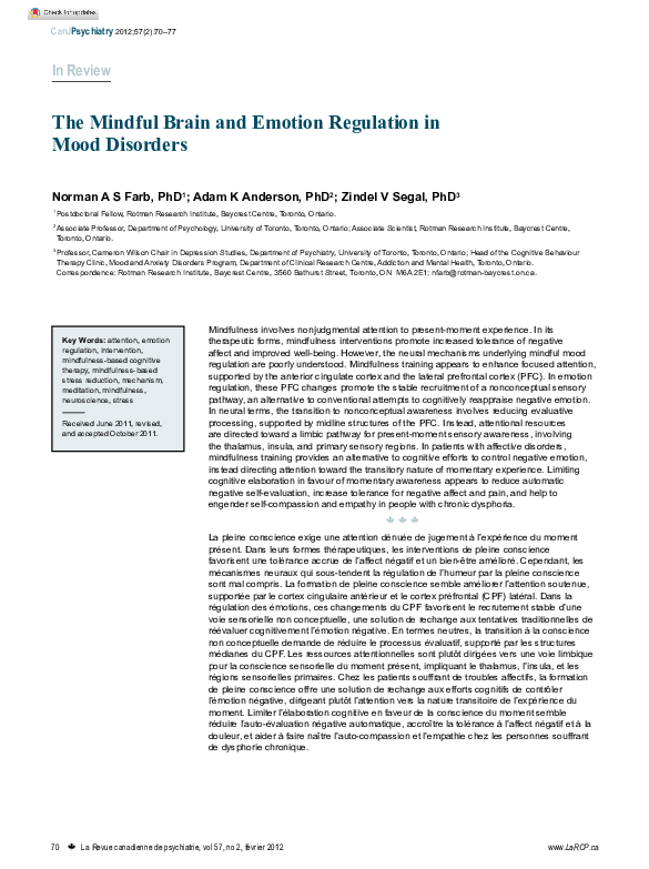 (PDF) The mindful brain and emotion regulation in mood disorders