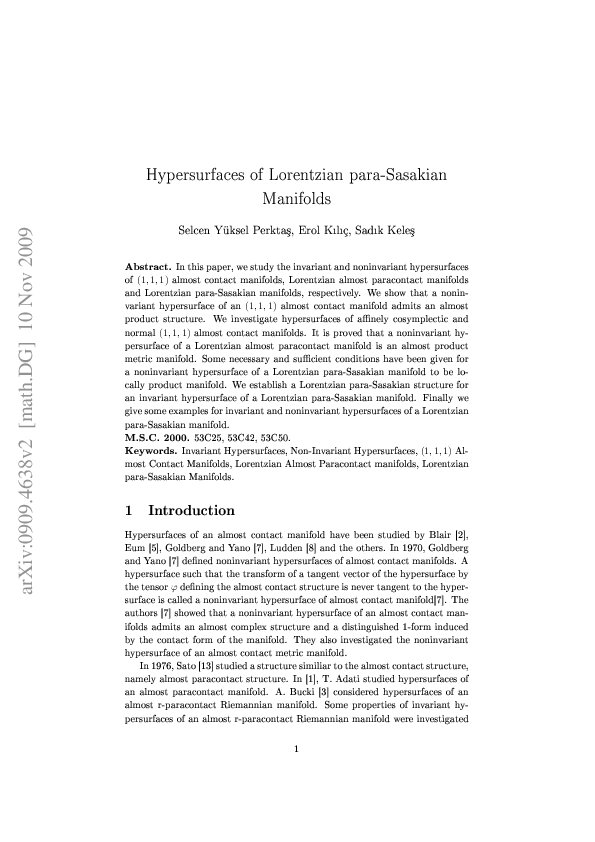 (PDF) Hypersurfaces of Lorentzian para-Sasakian manifolds