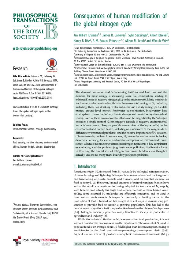 (PDF) Consequences of human modification of the global nitrogen cycle