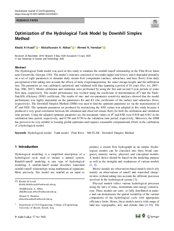 (PDF) Optimization of the Hydrological Tank Model by Downhill Simplex Method