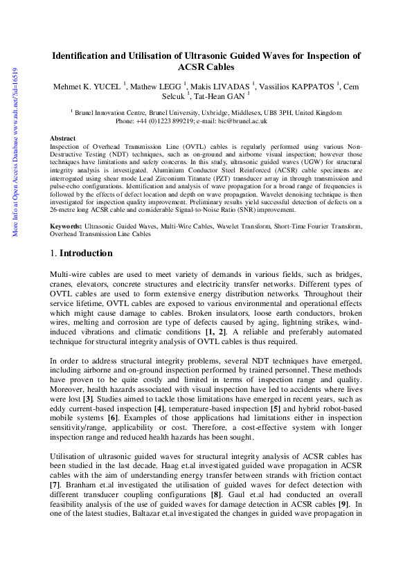 (PDF) Identification and Utilisation of Ultrasonic Guided Waves for Inspection of ACSR Cables