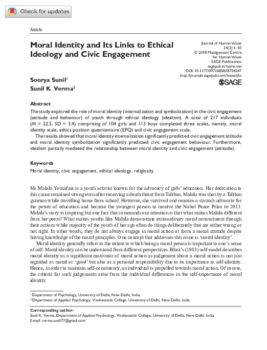(PDF) Moral Identity and Its Links to Ethical Ideology and Civic Engagement
